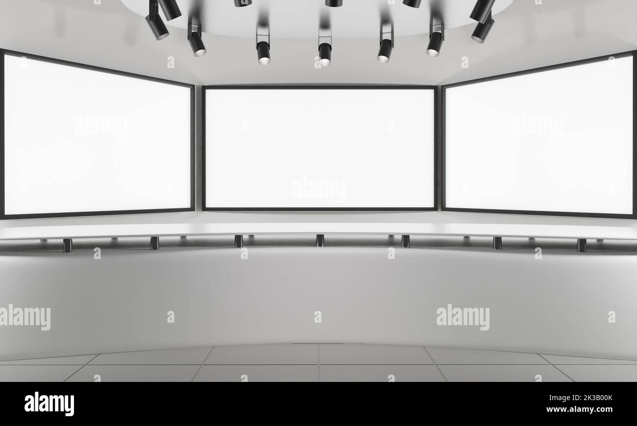 white table and lcd background in a news studio room.3d rendering Stock ...