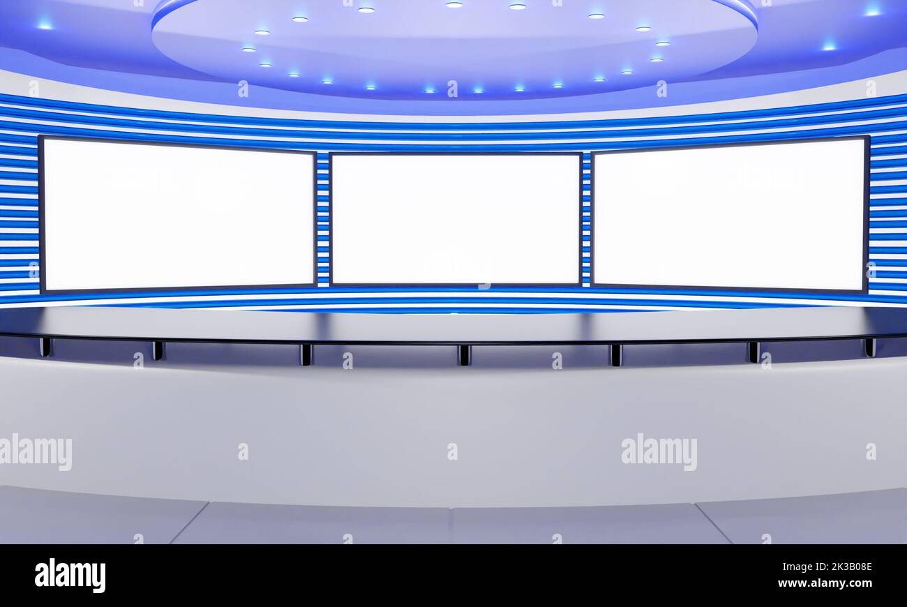 glass table and lcd background in the news studio room.3d rendering ...