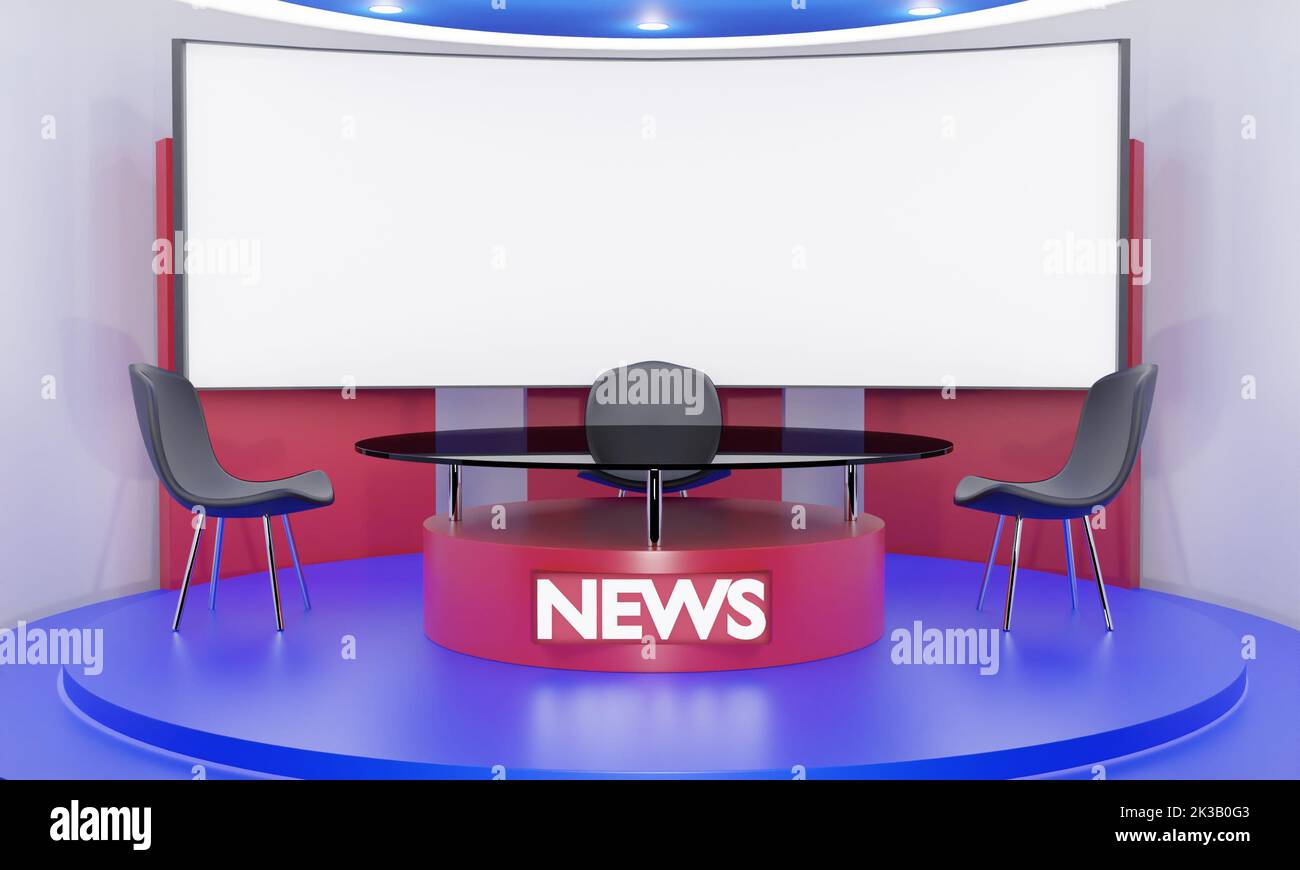 glass table and lcd background in the news studio room.3d rendering ...