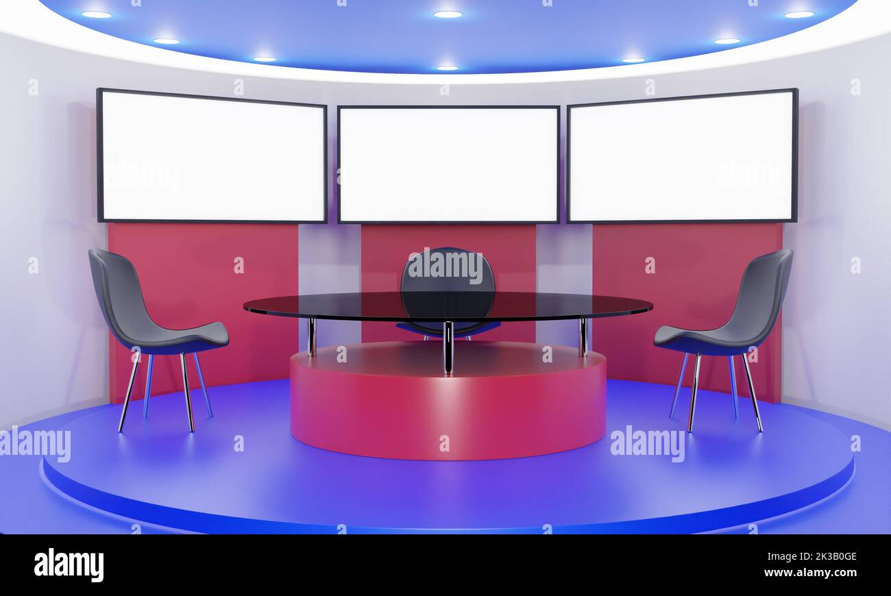glass table and lcd background in the news studio room.3d rendering ...