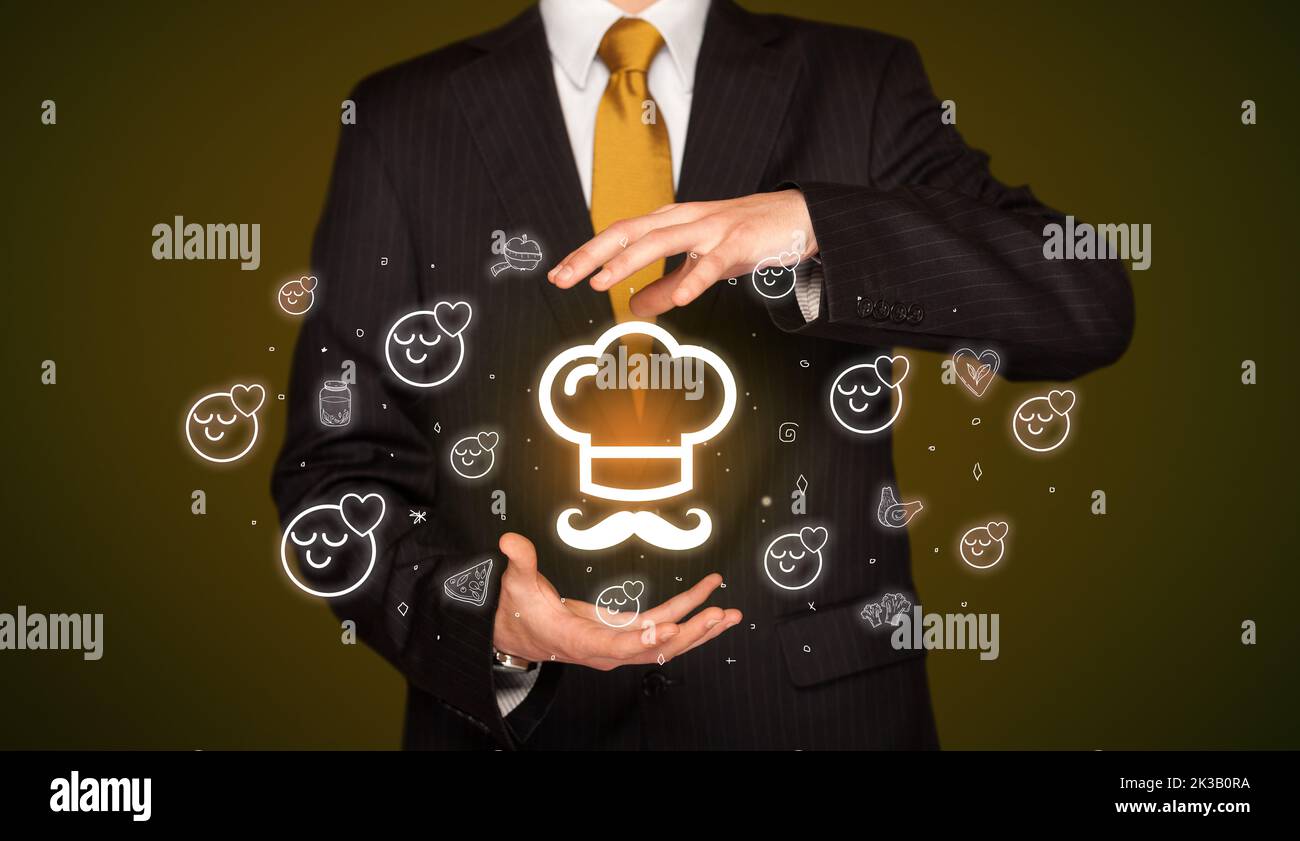 Hand holding food related icons Stock Photo - Alamy