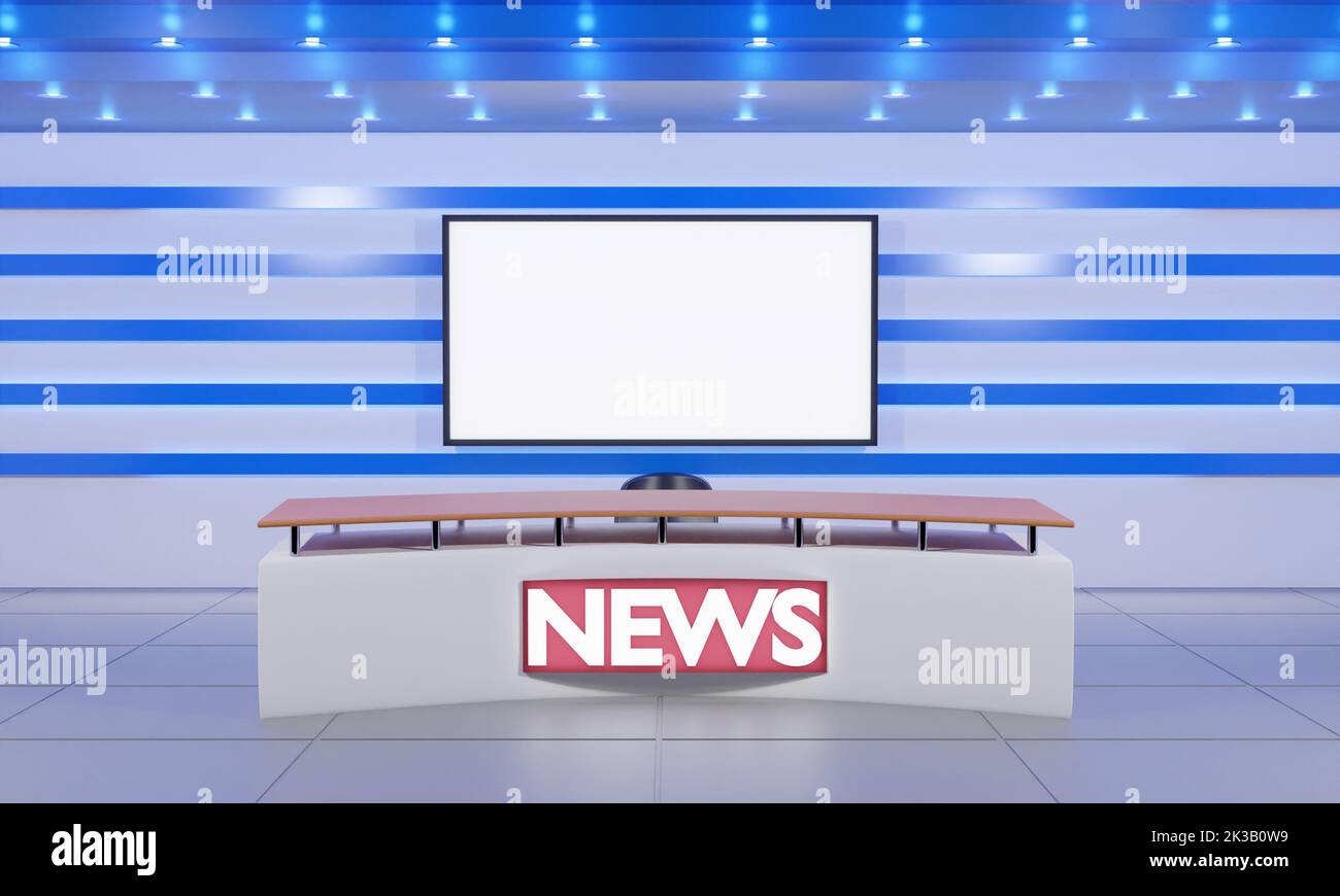 wood table and lcd background in a news studio room.3d rendering Stock ...