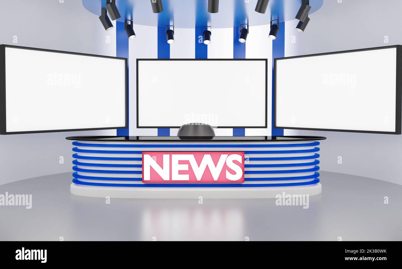glass table and lcd background in the news studio room.3d rendering ...