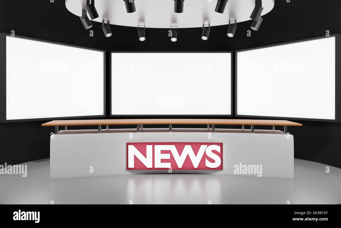 wood table and lcd background in a news studio room.3d rendering Stock ...