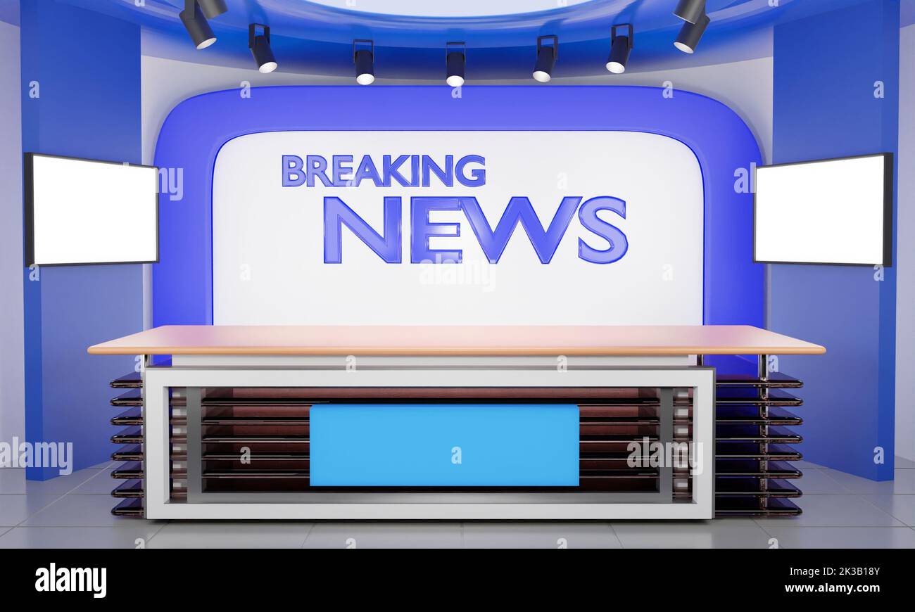 wood table and lcd background in a news studio room.3d rendering Stock ...