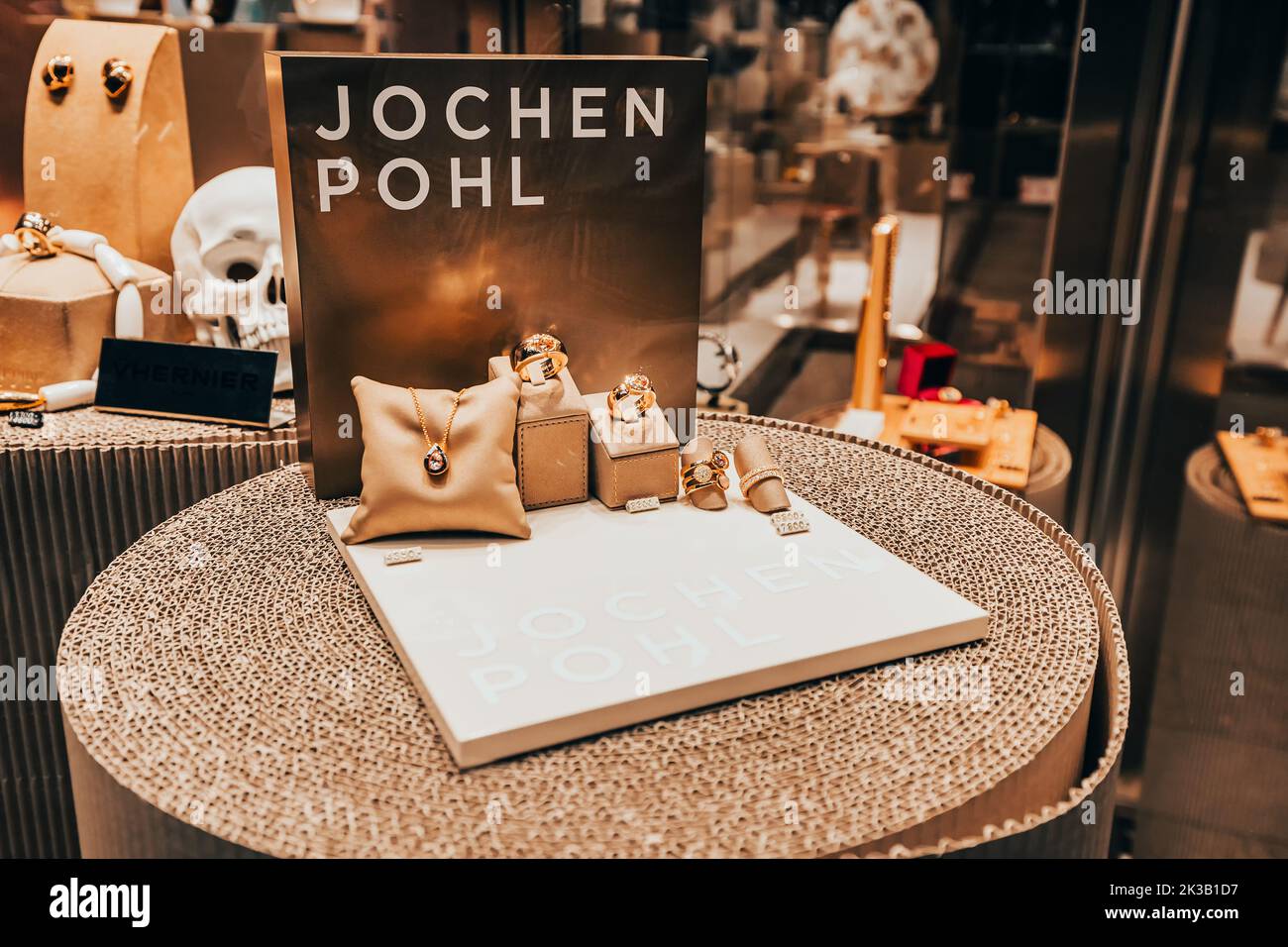 21 July 2022, Dusseldorf, Germany: Earrings and rings in luxury ...