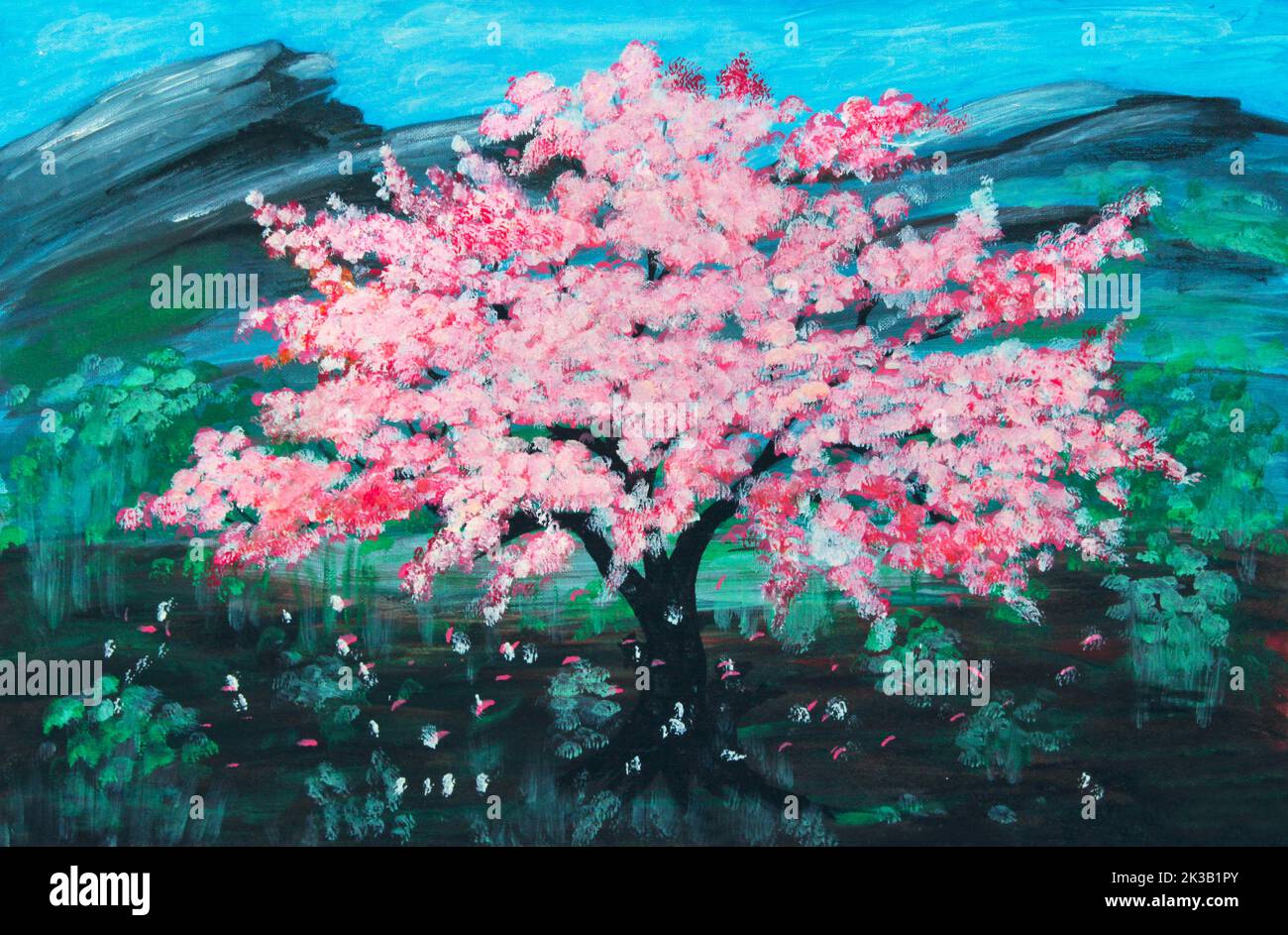 Oil painting on canvas of one pink sakura cherry tree in full bloom on ...