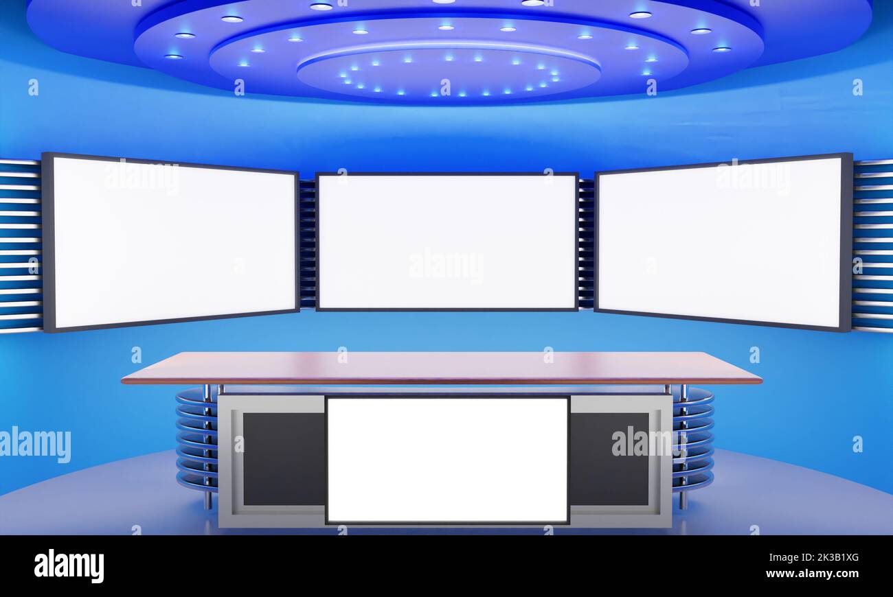wood table and lcd background in a news studio room.3d rendering Stock ...