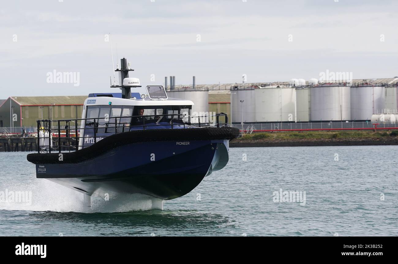 Artemis Technologies hydrofoiling workboat "Pioneer" out on Belfast Lough as the company ...