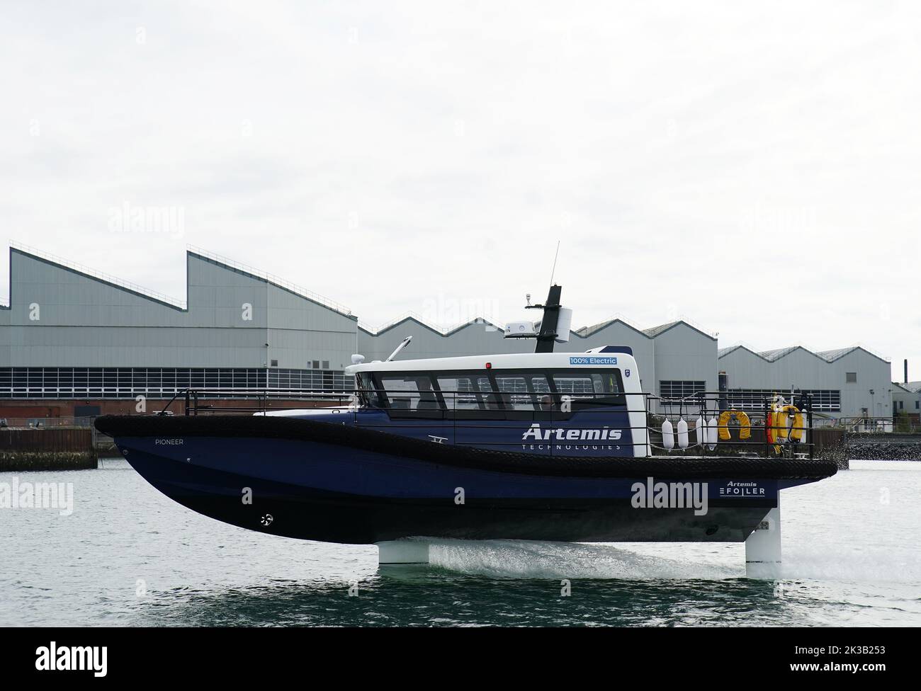 Artemis Technologies hydrofoiling workboat "Pioneer" out on Belfast Lough as the company ...