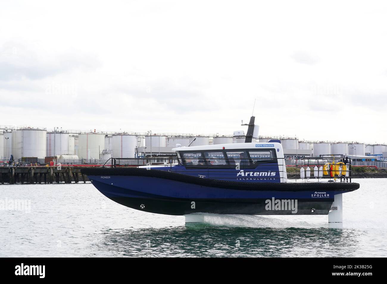 Artemis Technologies hydrofoiling workboat "Pioneer" out on Belfast Lough as the company ...