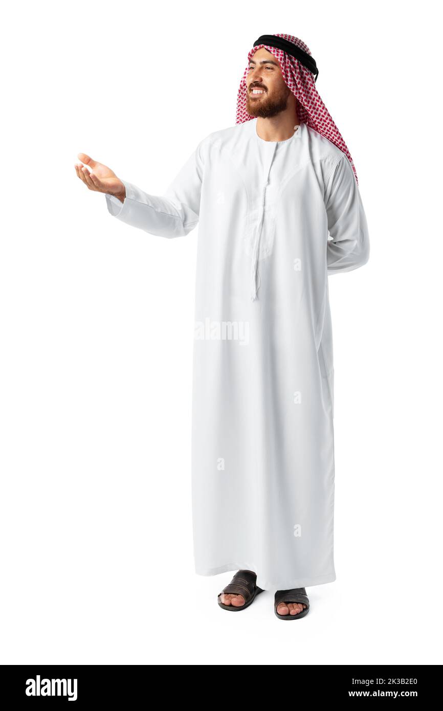 Young Arab man pointing hand isolated on white background Stock Photo ...