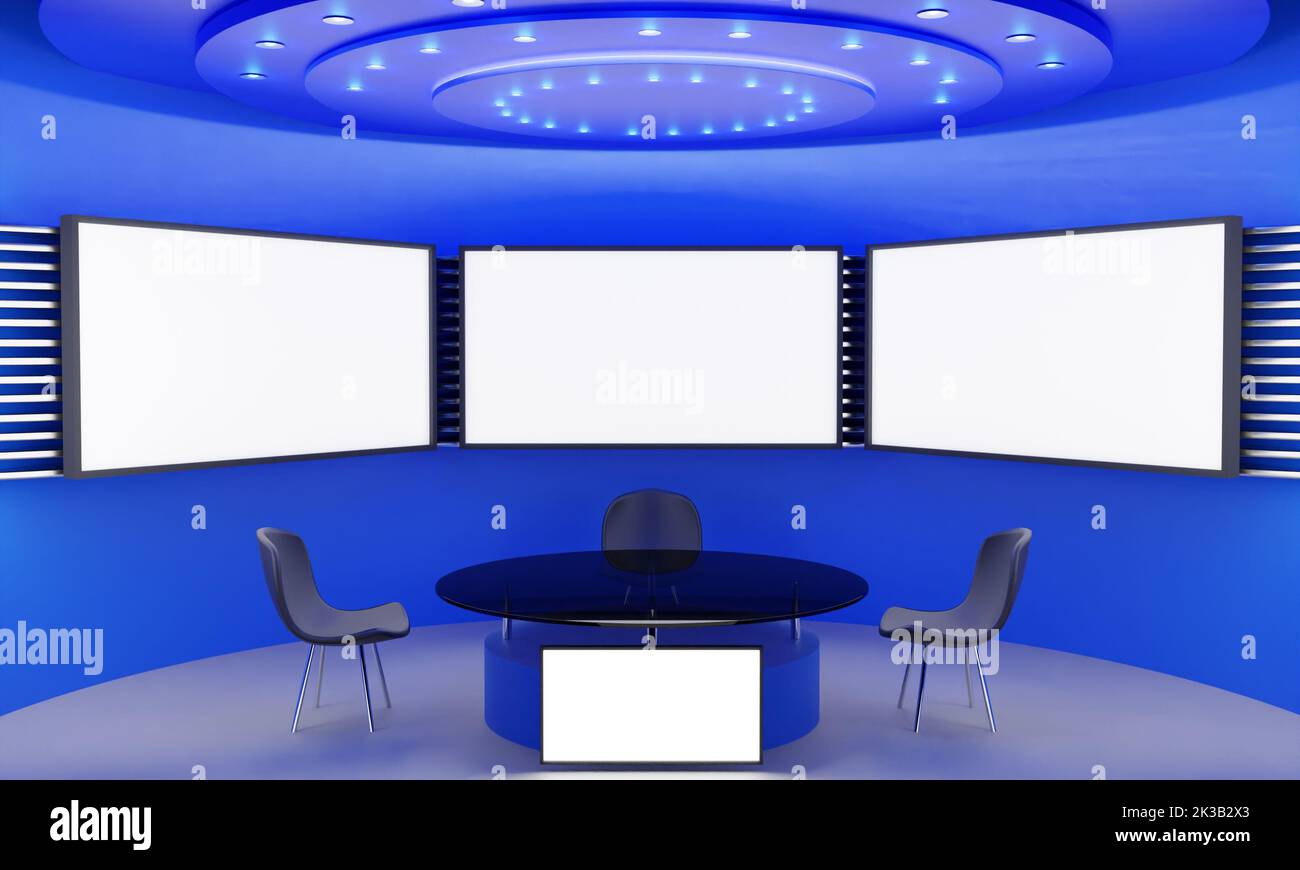 glass table and lcd background in the news studio room.3d rendering ...