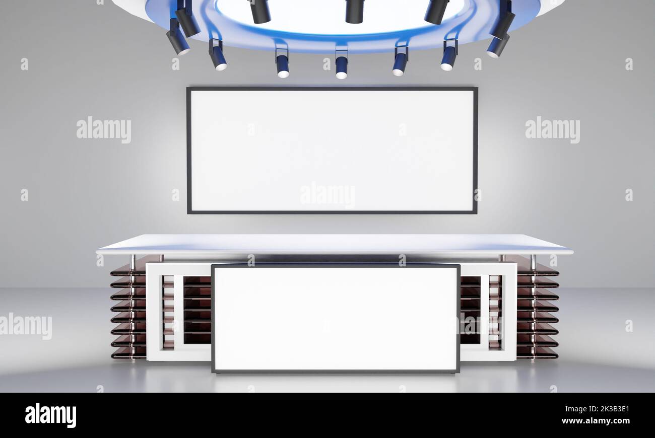 white table and lcd background in a news studio room.3d rendering Stock ...