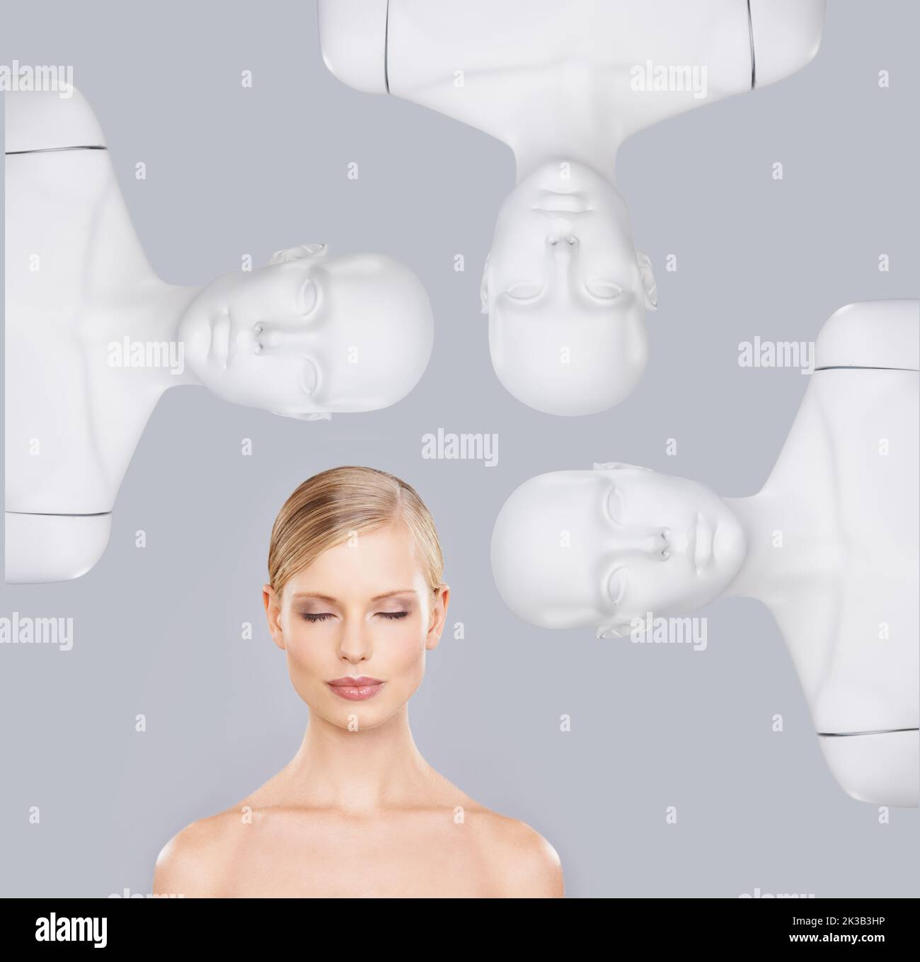 Rotating 360 degrees. Image of an attractive woman and 3 mannequins ...