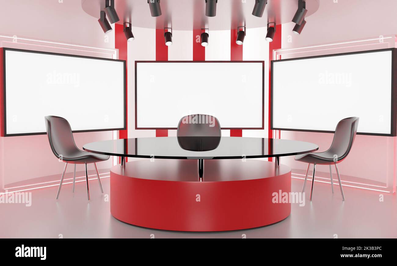 glass table and lcd background in the news studio room.3d rendering ...