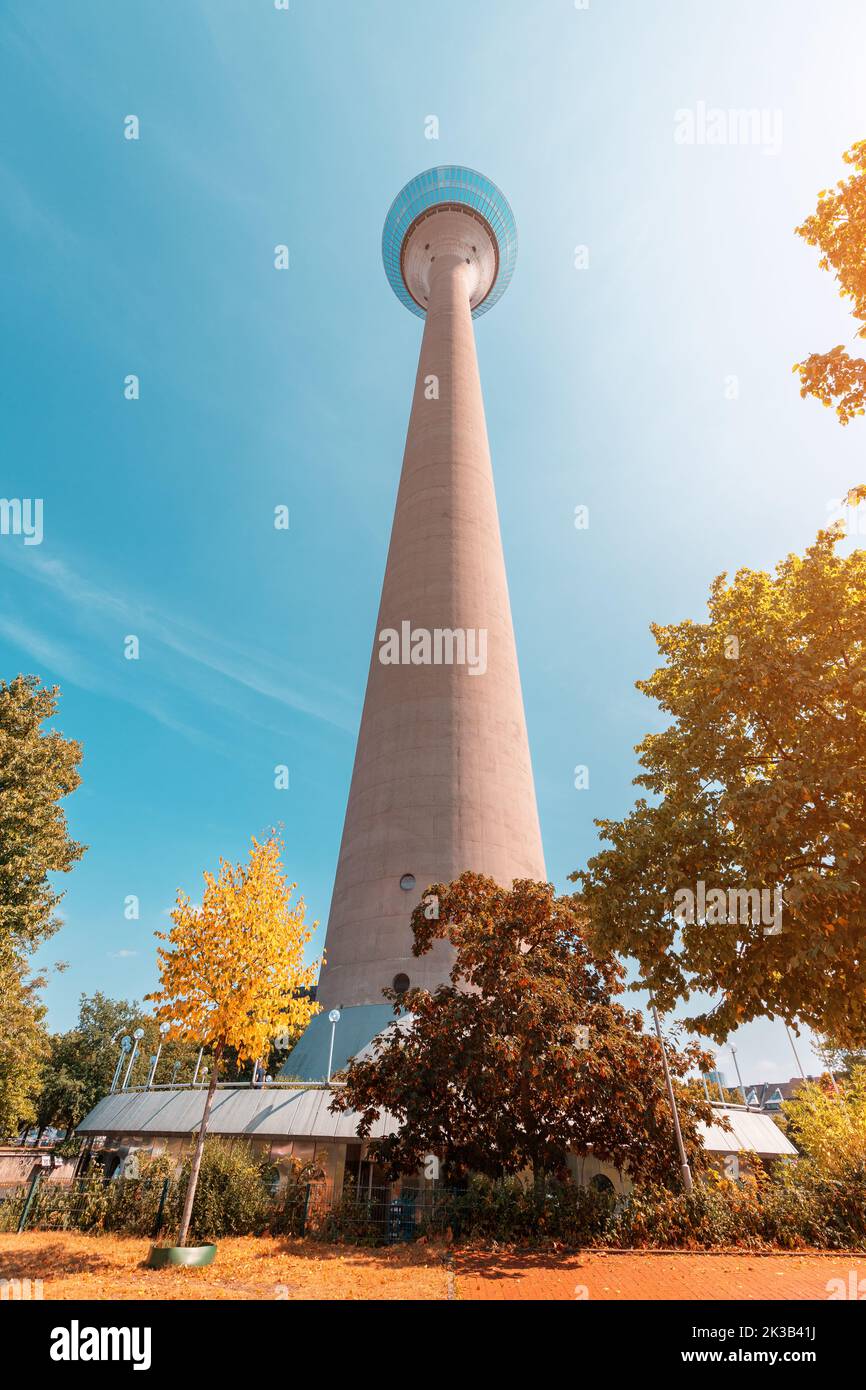 Low angle view of incredibly high and tall Rheinturm Tv Tower - is a ...