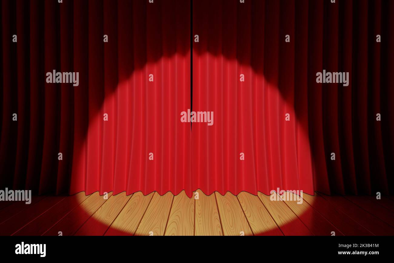 red curtain and light of spotlight on the wooden stage in the hall.3d ...