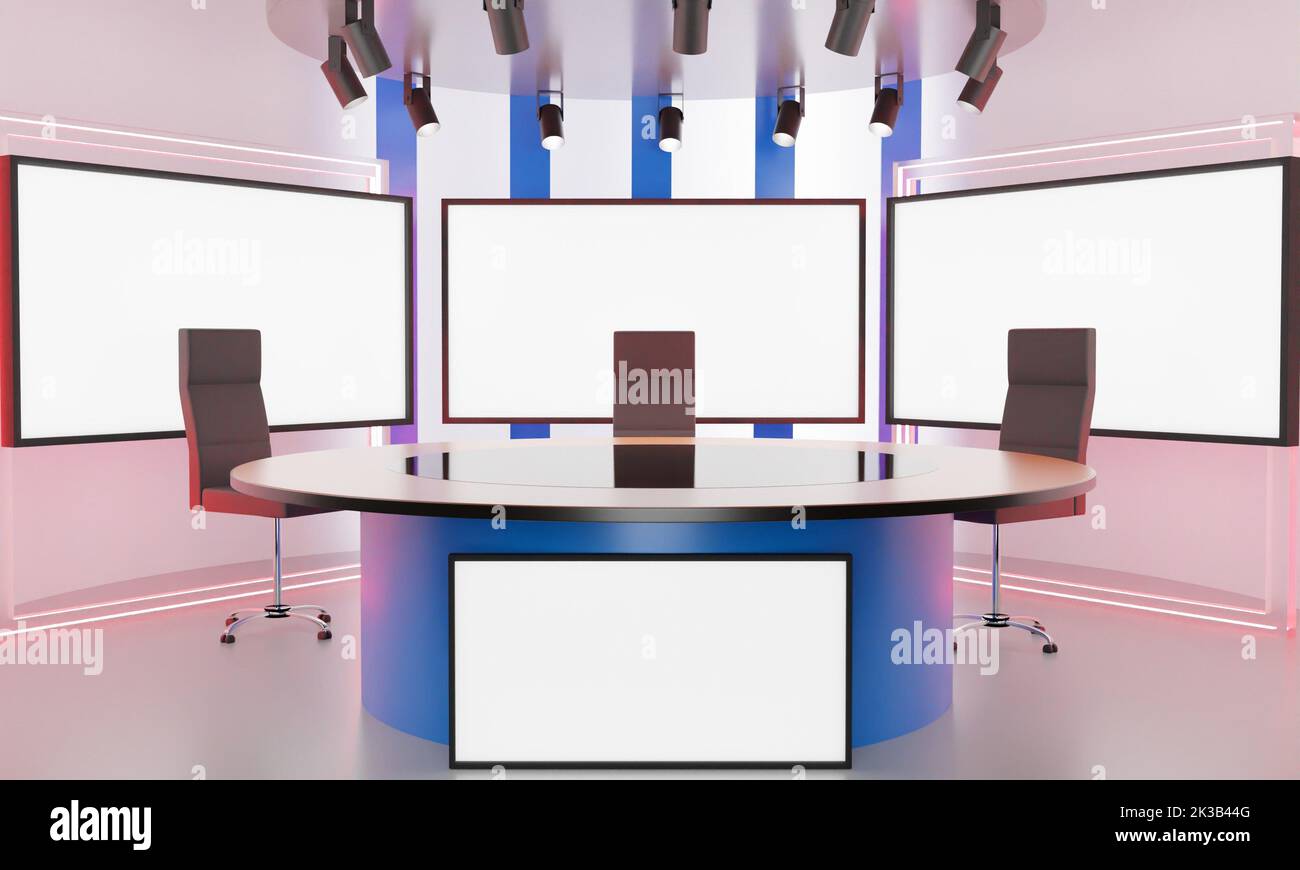 white table and lcd background in a news studio room.3d rendering Stock ...