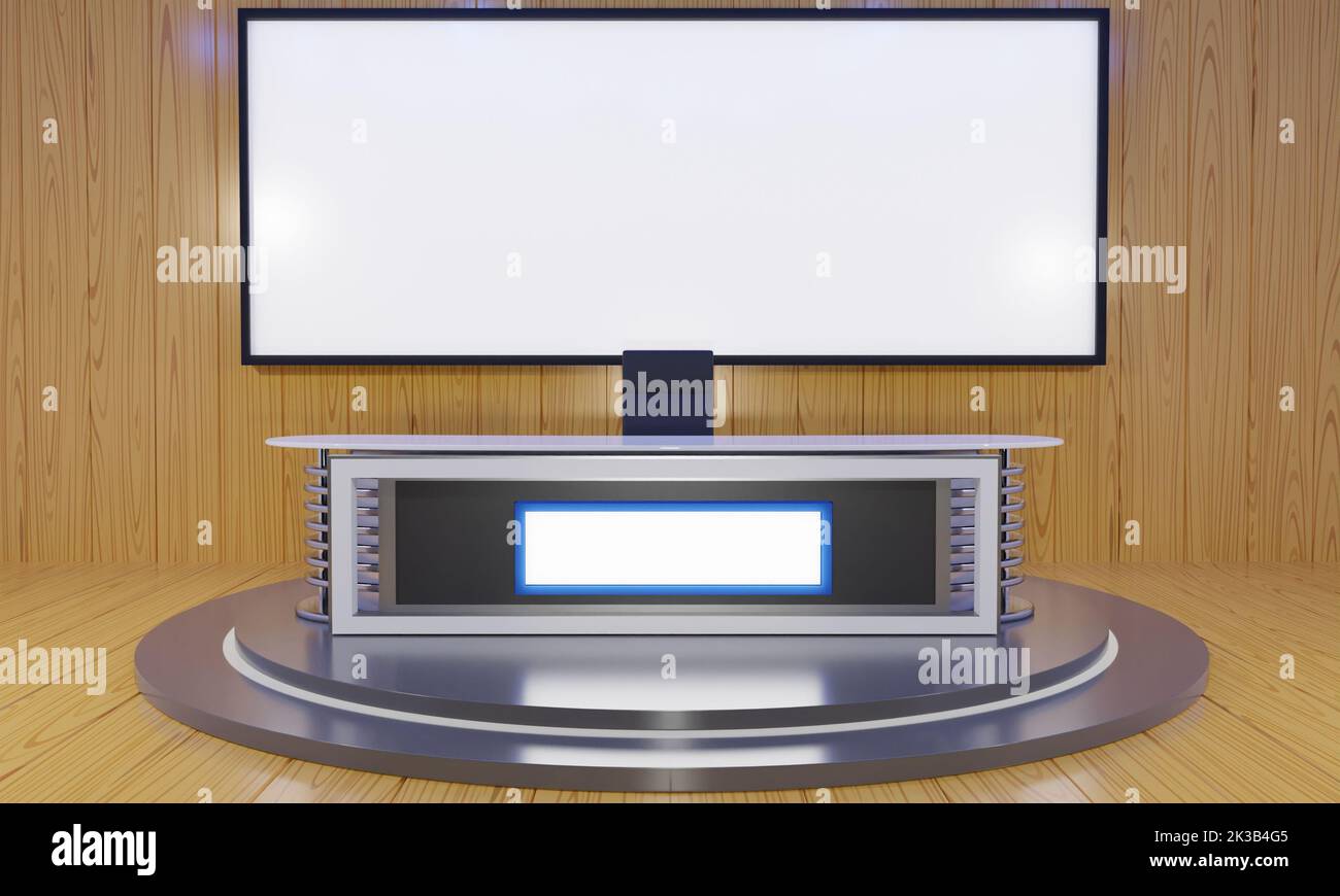 white table and lcd background in a news studio room.3d rendering Stock ...