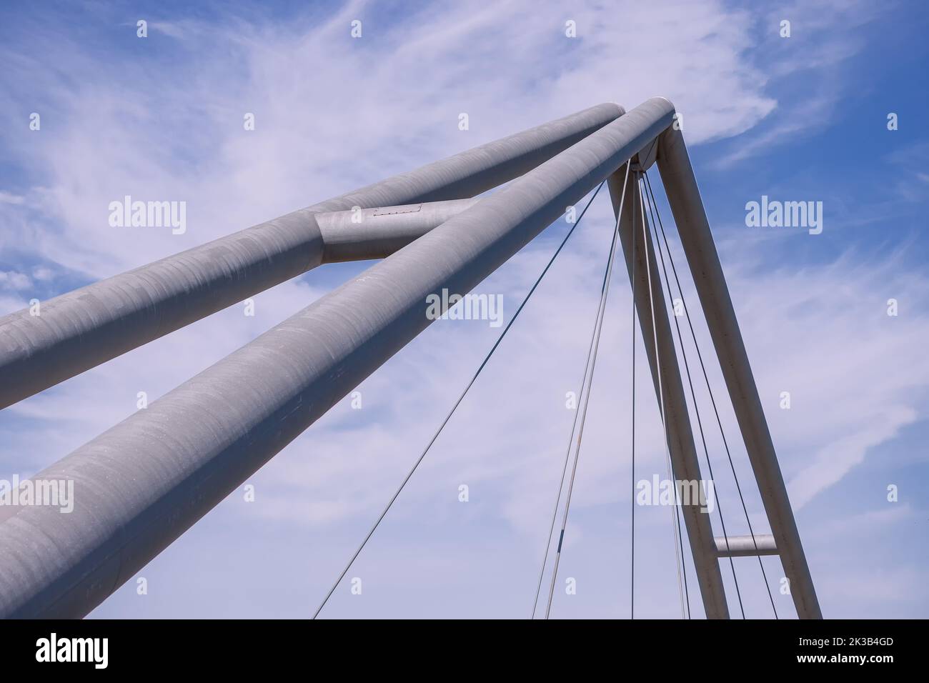 Suspension footpath bridge over the Rhine River in Dusseldorf, Germany ...
