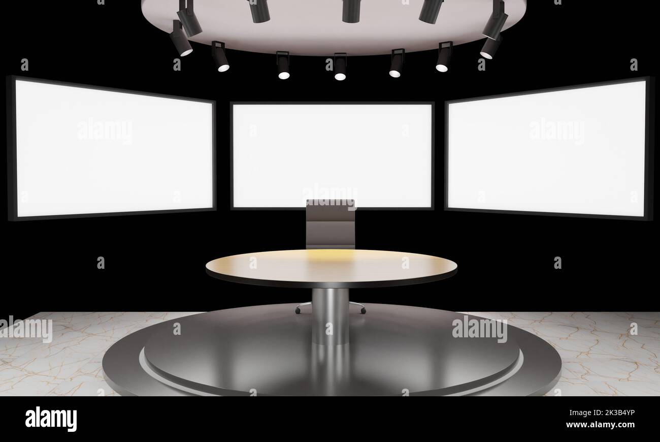 wood table and lcd background in a news studio room.3d rendering Stock ...