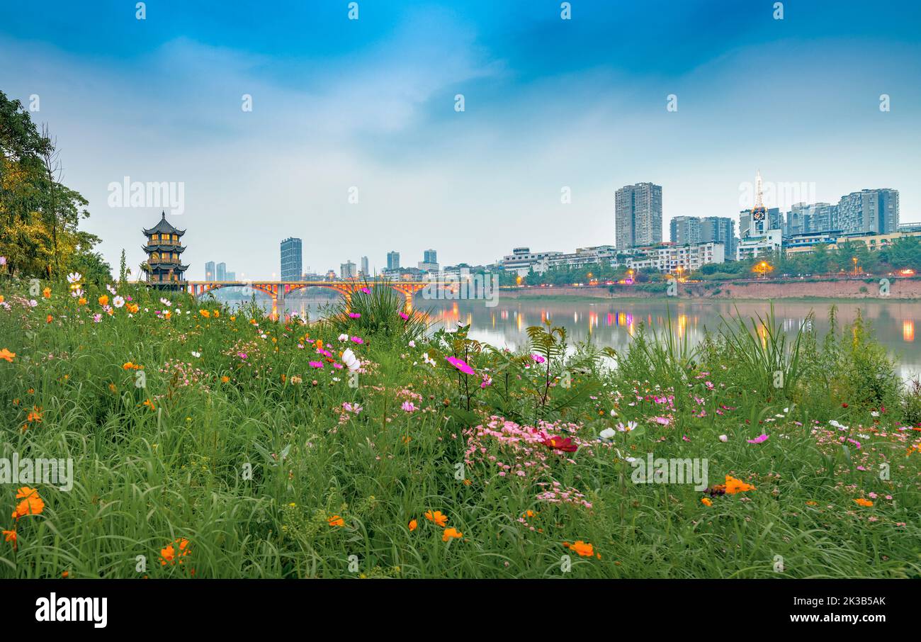 Dusk view of the Leshan Min River Bridge in Sichuan Province, China ...