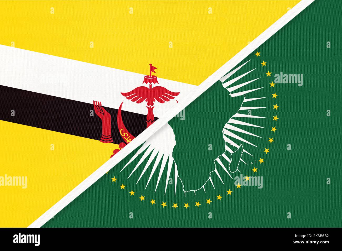African Union and Brunei, national flag from textile. Africa continent ...