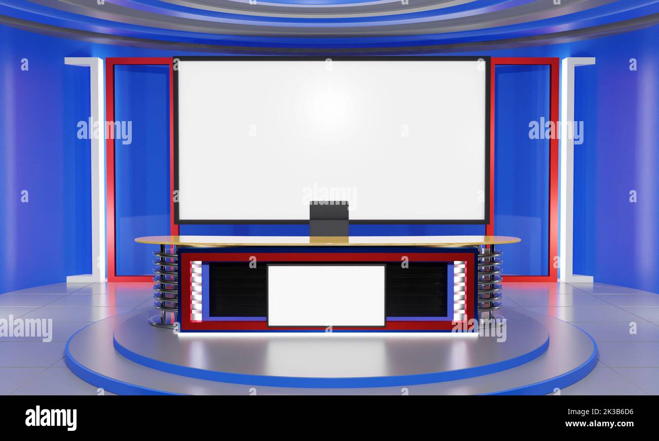 wood table and lcd background in a news studio room.3d rendering Stock ...