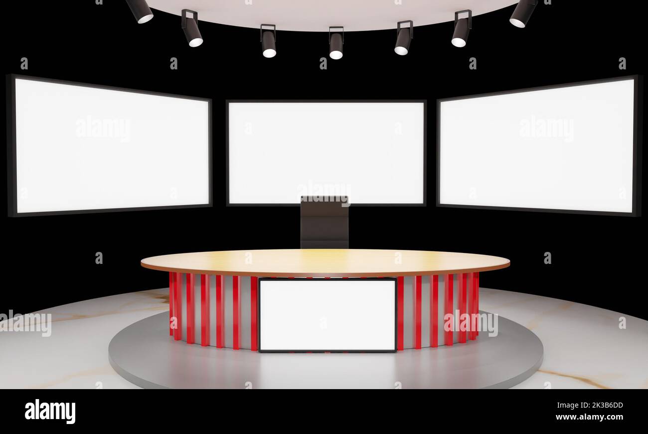 wood table and lcd background in a news studio room.3d rendering Stock ...