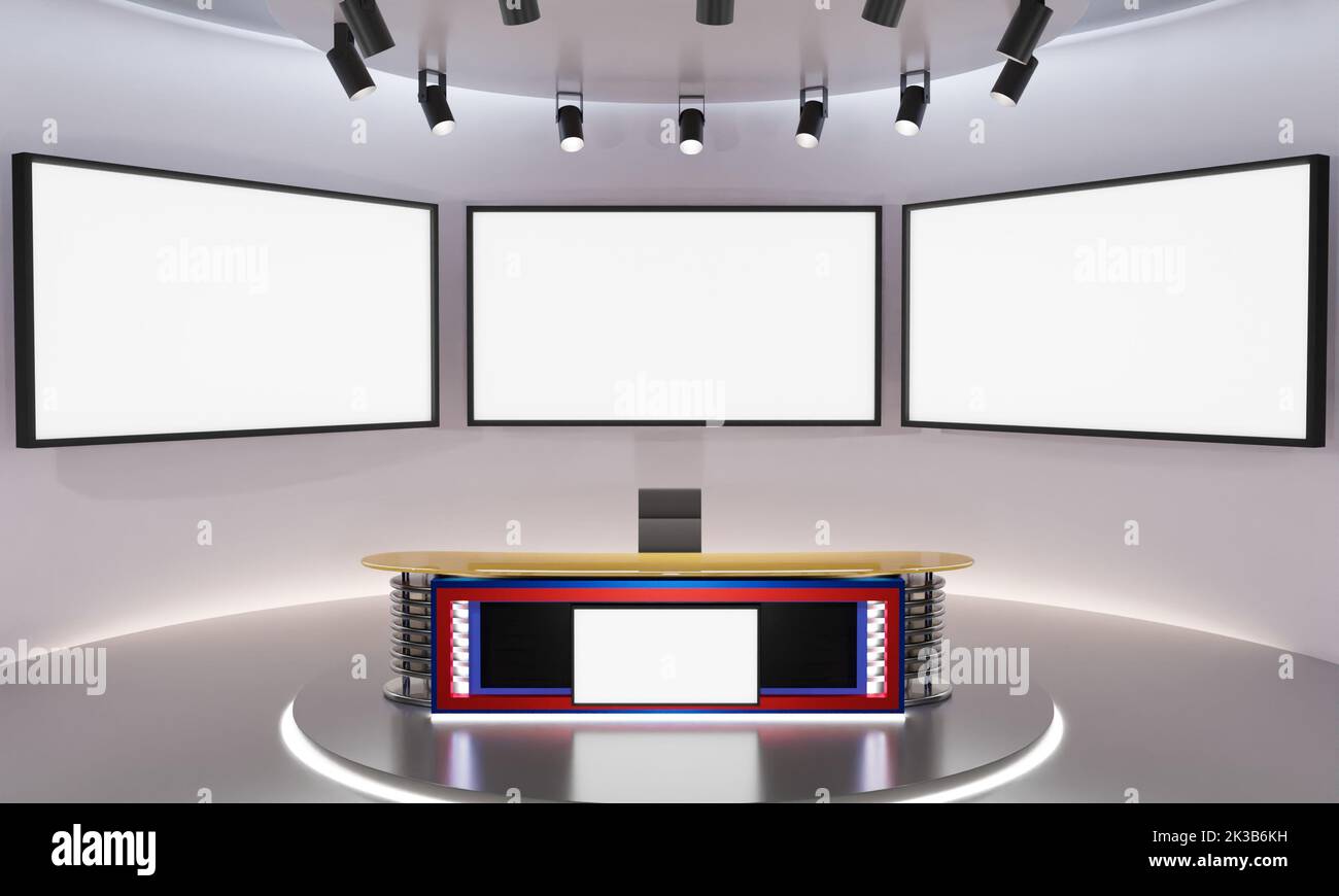 wood table and lcd background in a news studio room.3d rendering Stock ...
