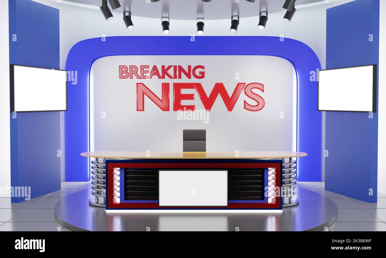 wood table and lcd background in a news studio room.3d rendering Stock ...