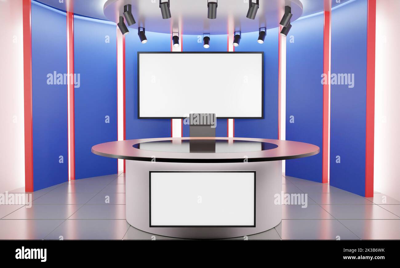 glass table and lcd background in the news studio room.3d rendering ...