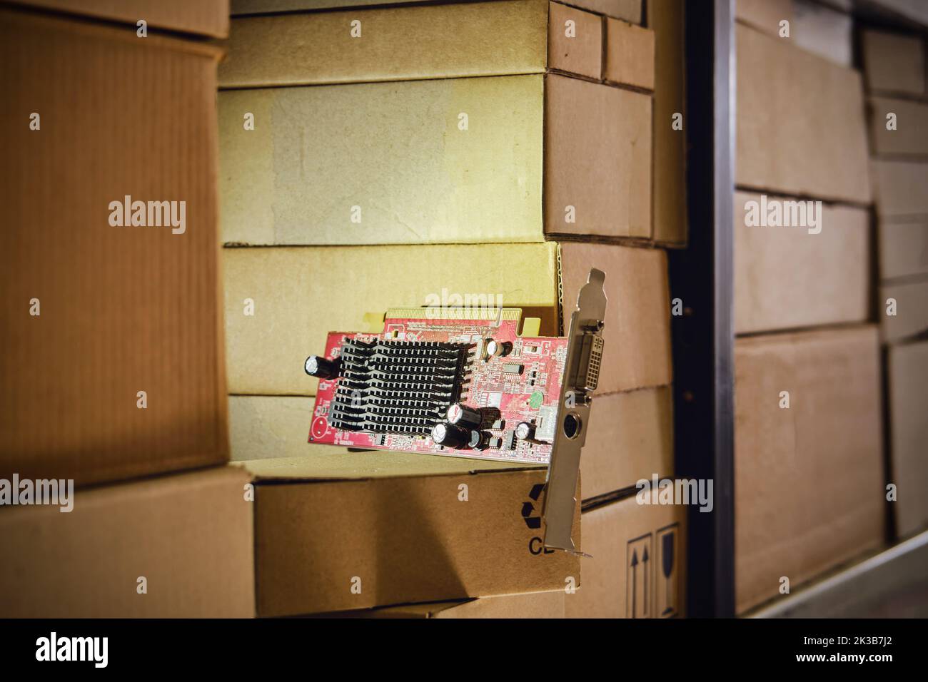 Computer chips video card in the warehouse room. The crisis of ...