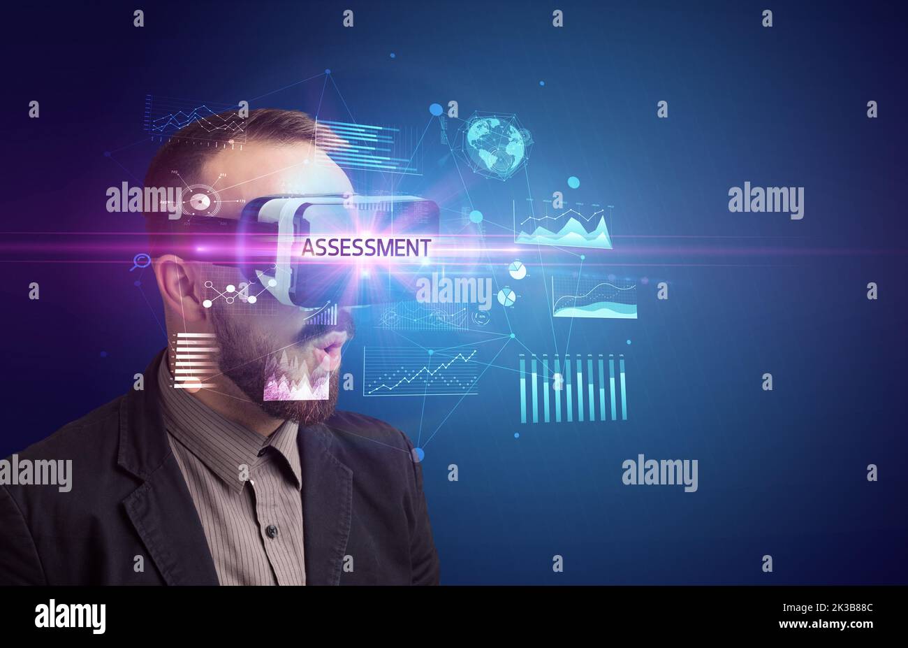 Businessman looking through Virtual Reality glasses Stock Photo - Alamy