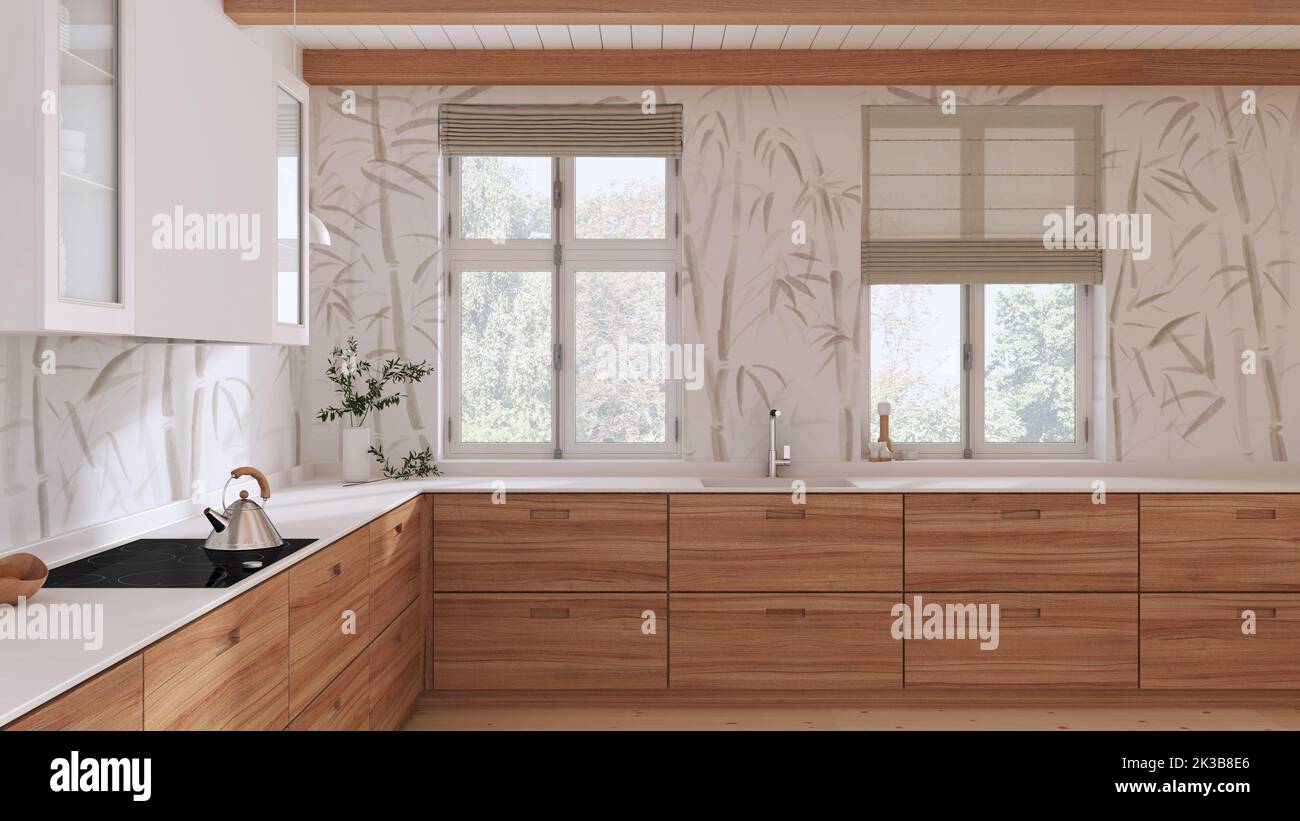 Japandi wooden kitchen in white tones. Parquet floor, beams ceiling and ...