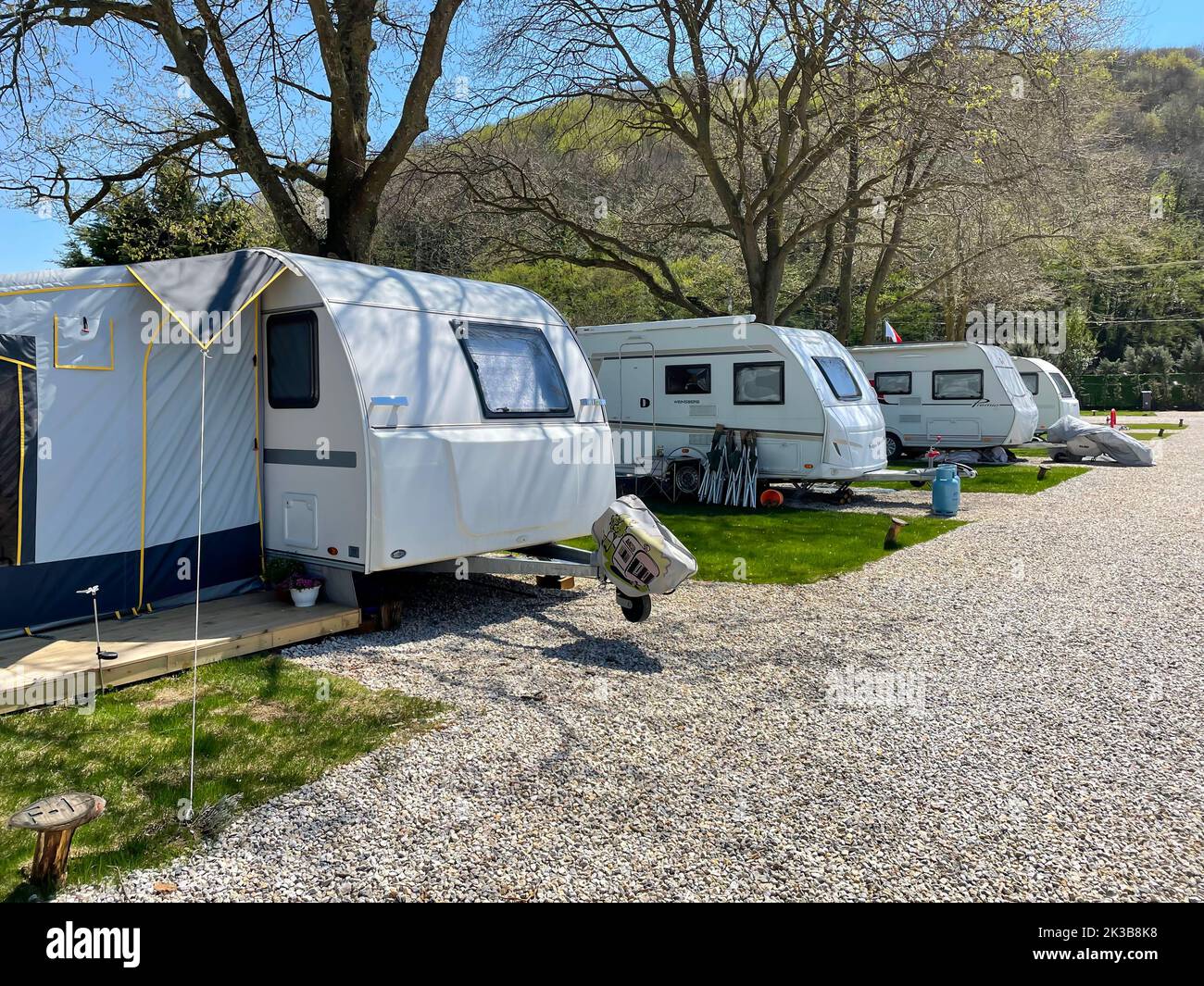 Caravan campsite with travel trailers in a row. Riva, Istanbul, Turkey ...