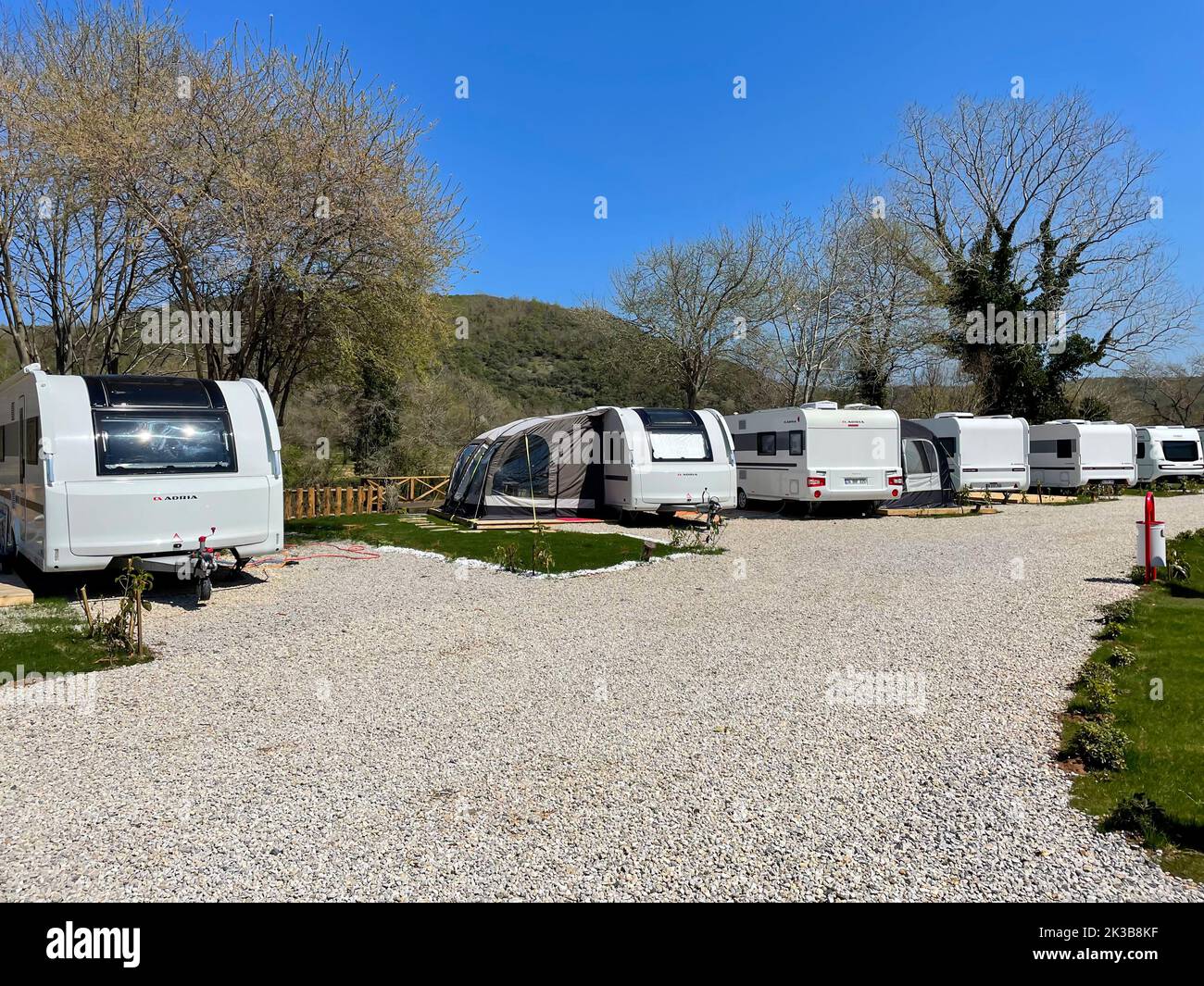 Caravan campsite with travel trailers in a row. Riva, Istanbul, Turkey ...