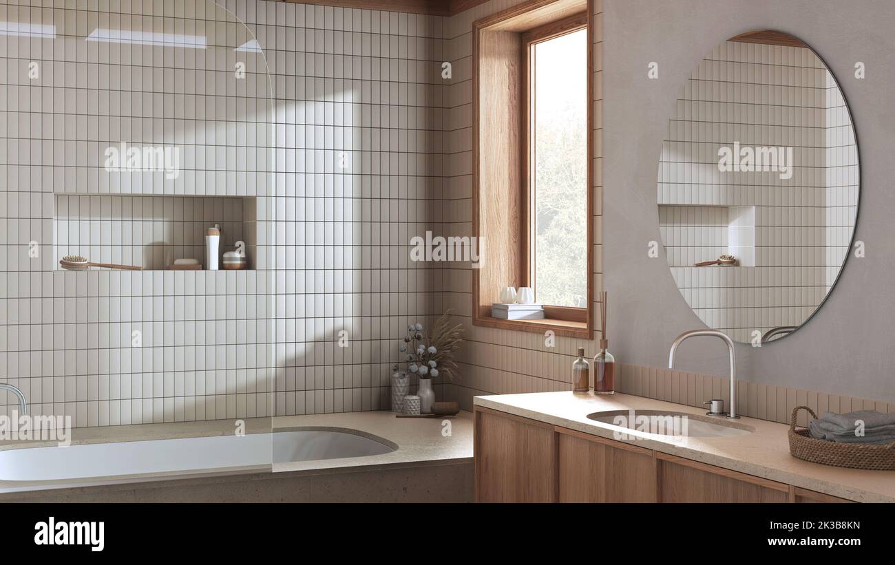 Farmhouse boho bathroom in white and beige tones. Marble bathtub and ...