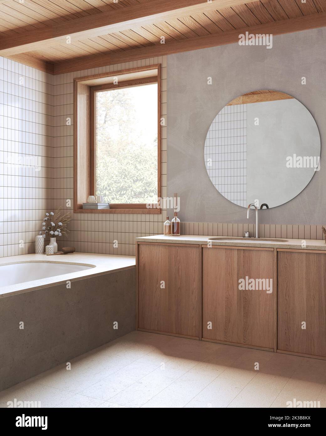 Wooden boho bathroom in white and beige tones. Marble bathtub and ...