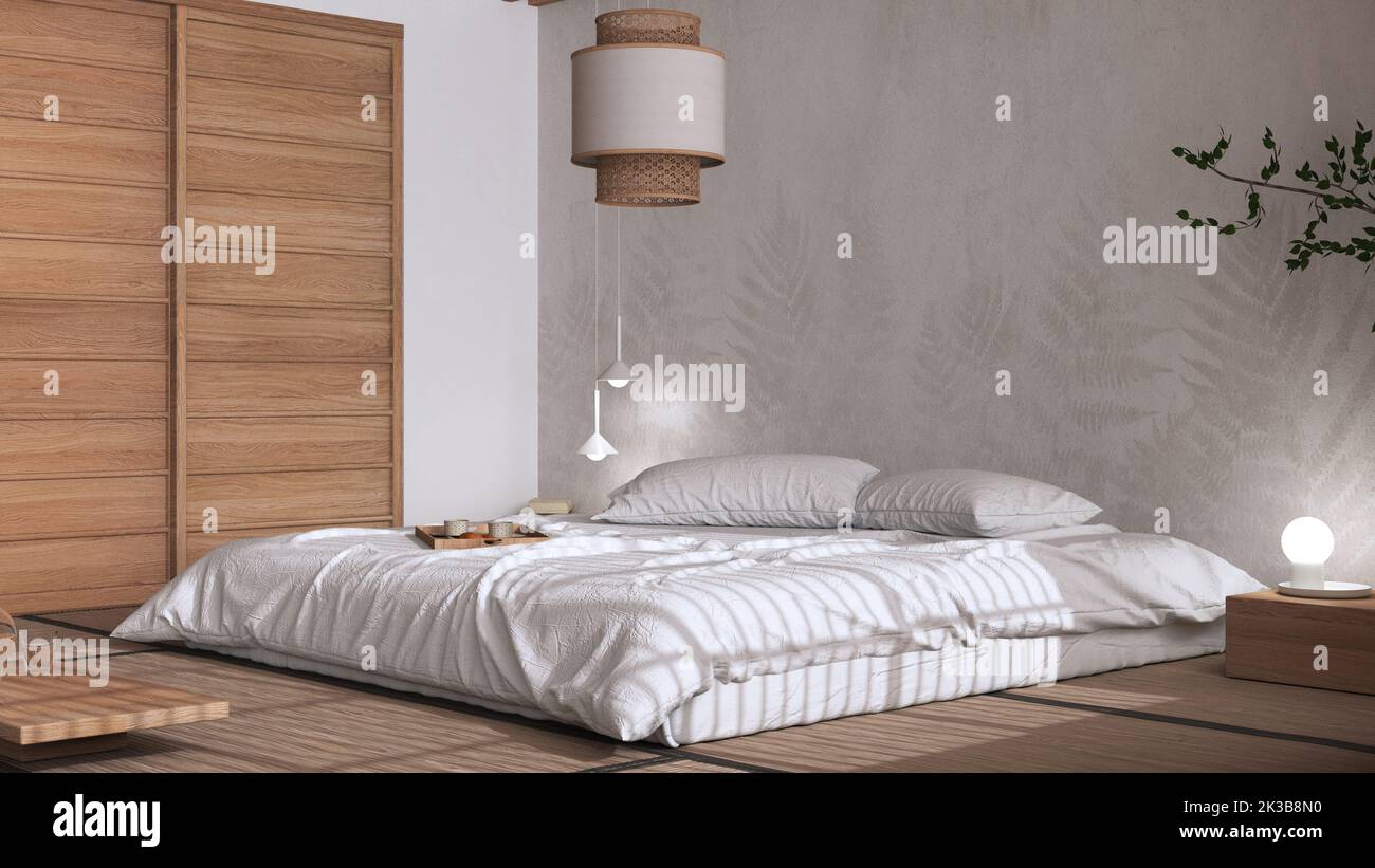 Japandi bedroom in white and beige tones, japanese style. Double bed ...