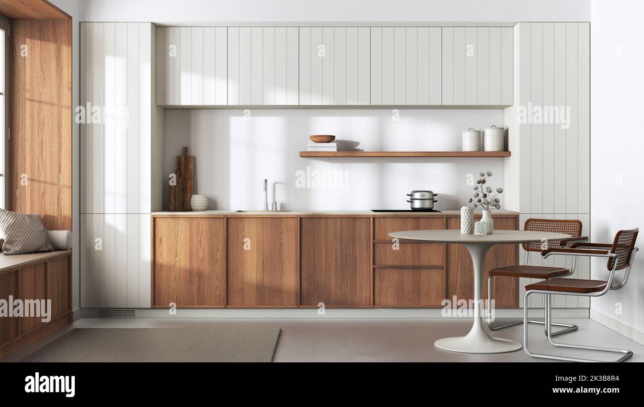 Japandi trendy wooden kitchen and dining room in white and beige tones ...
