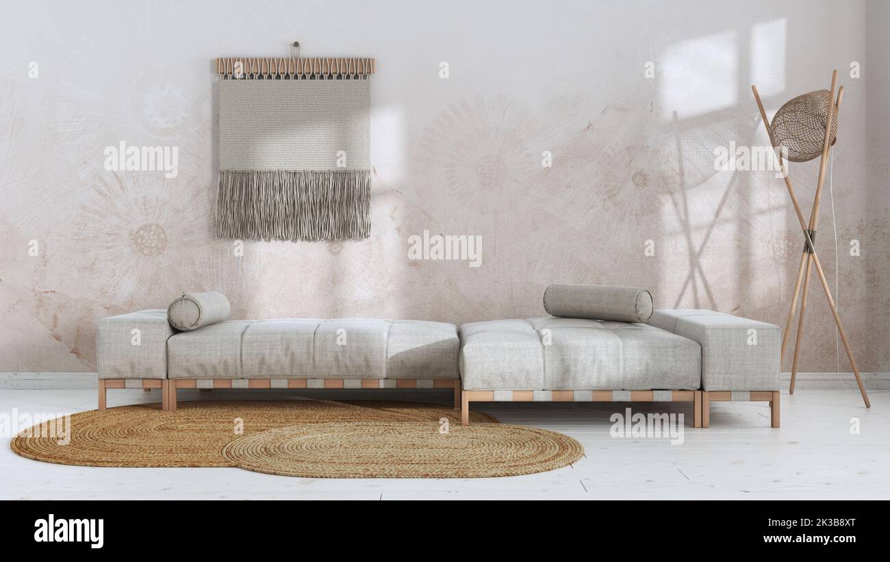 Wabi sabi living room in white and beige tones with decorated plaster wall. Minimalist fabric ...