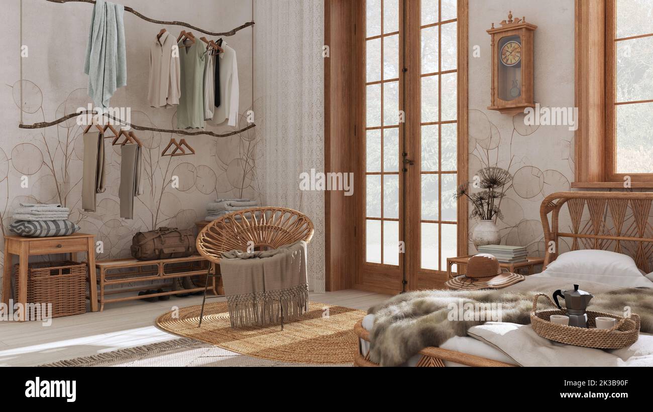 Boho chic farmhouse bedroom with rattan bed, rustic walk in closet and ...