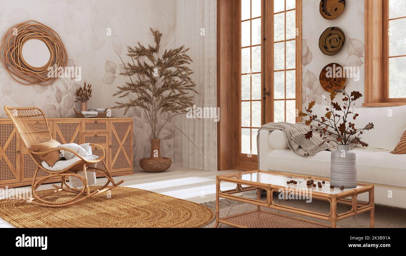 Country bohemian wooden living room in beige and white tones, Sofa ...