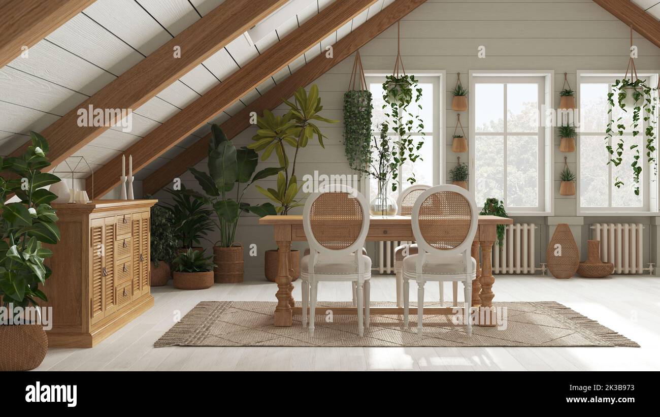 Bohemian mezzanine living room in boho style. Dining table with chiars ...