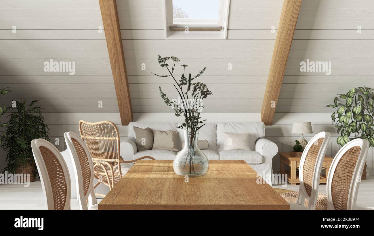 Bohemian dining table close up, living room in boho style with sofa in ...