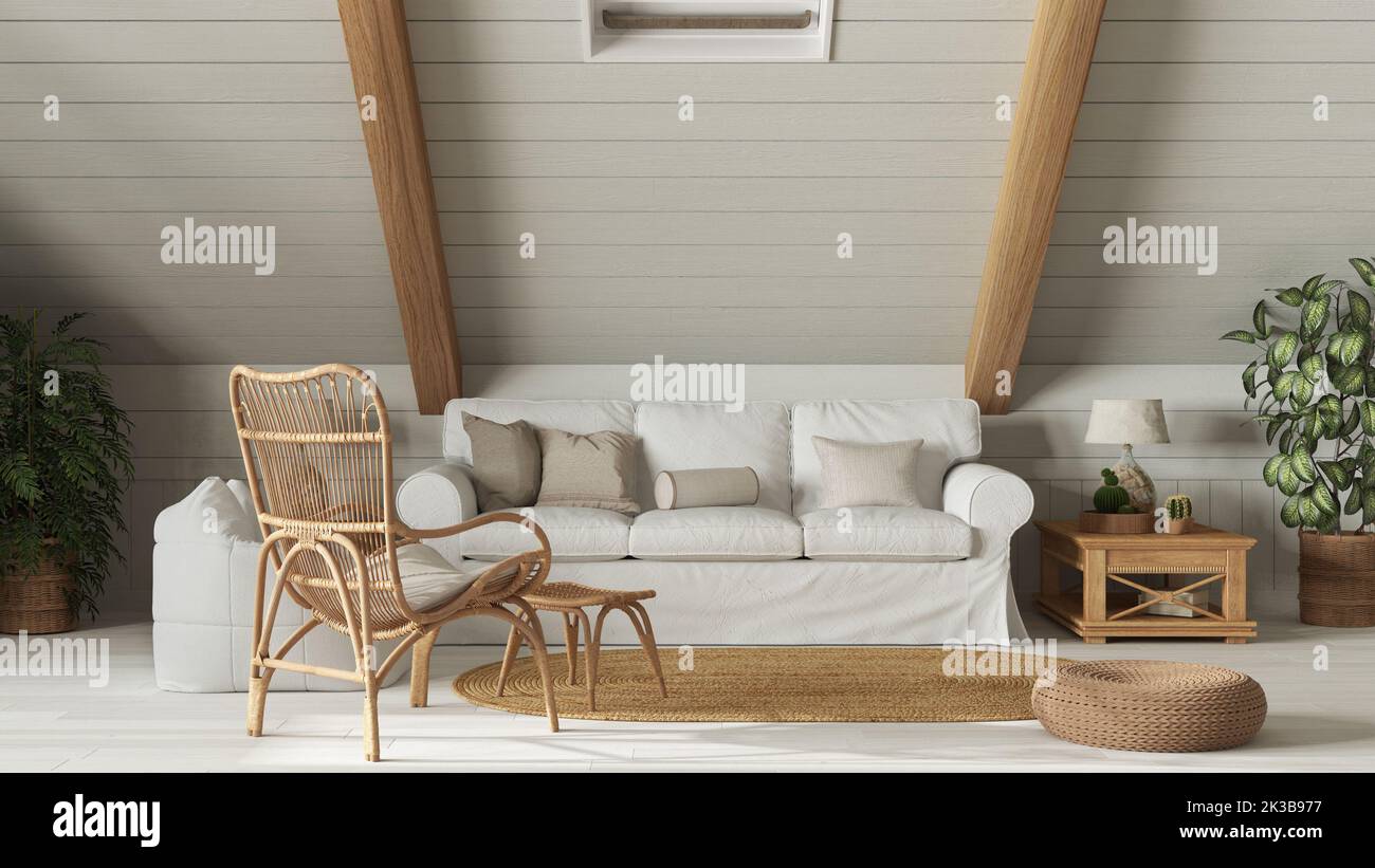 Country mezzanine living room in boho style. Sofa and rattan armchair ...