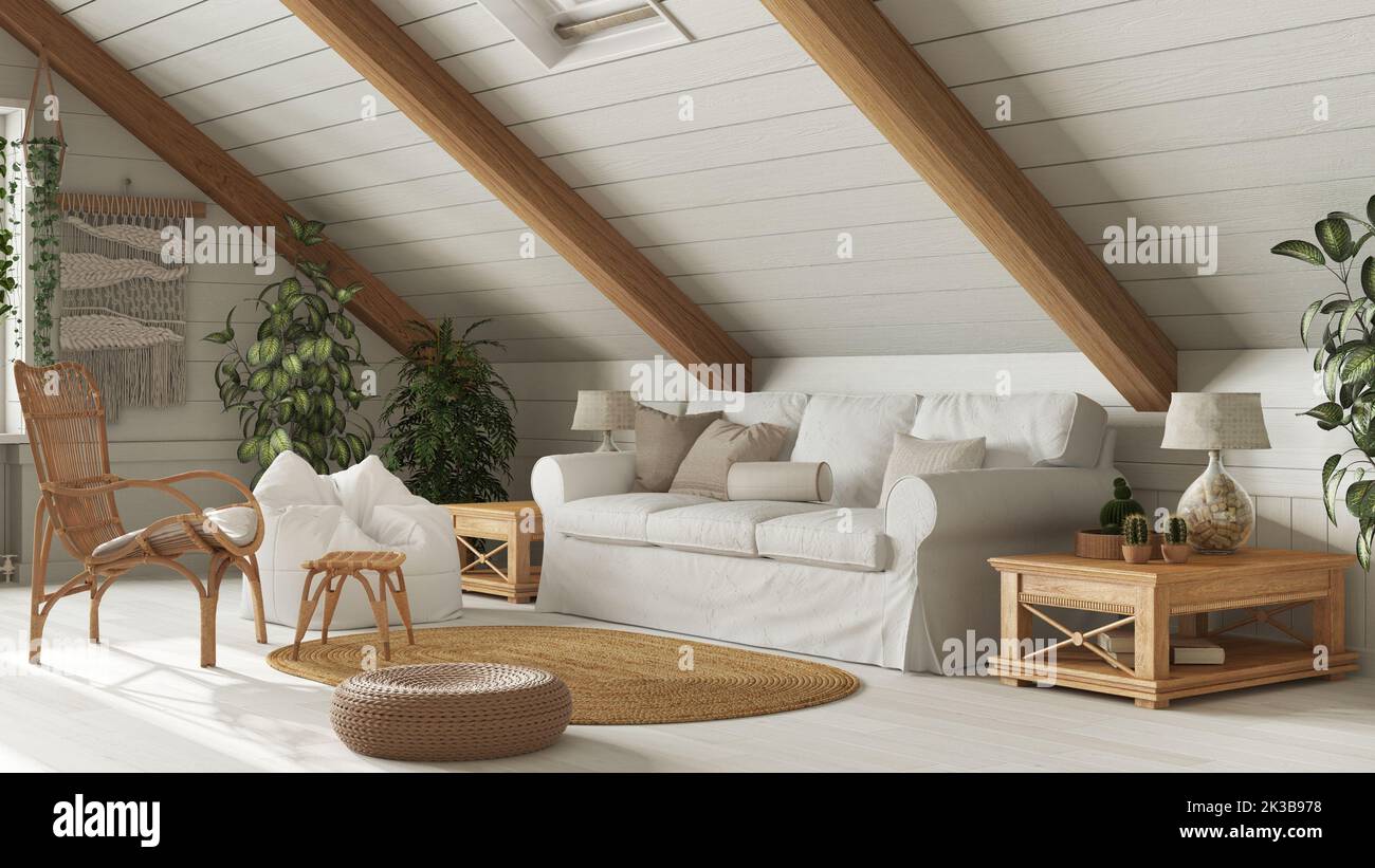 Country mezzanine living room in boho style. Sofa and rattan armchair ...