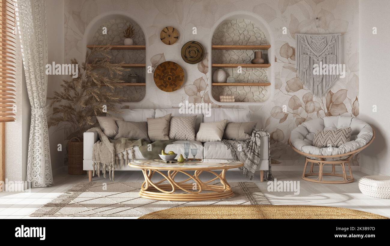 Living room in boho style with wallpaper and parquet. Sofa, jute carpet ...